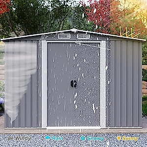 Goohome 8x6 FT Sheds & Outdoor Storage, Sturdy Metal Galvanized Steel Garden Storage Shed W/Lockable Sliding Doors, Built-in-Handles, 4 Air Vents, Waterproof Spacious Utility Tool Storage Bike Shed