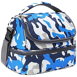 FlowFly Kids Double Decker Cooler Insulated Lunch Bag Large Tote for Boys, Girls, Men, Women, With Adjustable Strap, Blue Camo