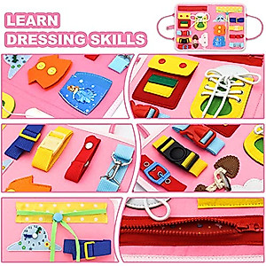 Busy Board Montessori Toys for Toddlers Sensory Board Toys Preschool Activities Educational Toys Learning Basic Dress Skills Travel Toys for Toddlers Gifts for 1 2 3 4 Year Old Boys & Girls (Pink)