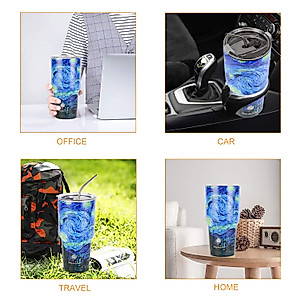 Dee duoduo 30 oz Tumbler Double Wall Stainless Steel Vacuum Insulated Coffee Cup with Splash-Proof Lid, 2 Metal Straws and Brush, Travel Mug for Home Office School (Starry Night-Gogh)