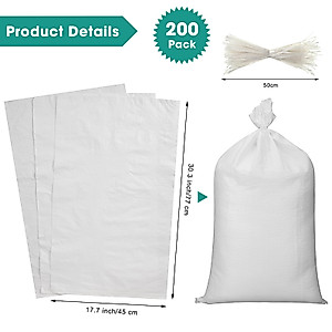 Windyun 200 Pcs White Empty Sandbags with Ties 18 x 30 Inch White Woven Polypropylene Sandbags Bulk, Heavy Duty Sandbags Flood Water Barrier for Hurricane Flooding, Construction