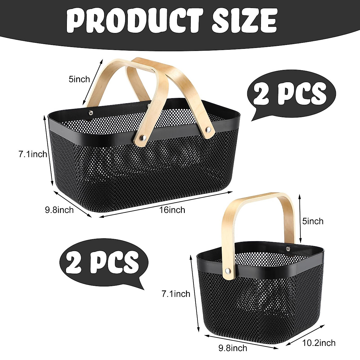 Sadnyy 4 Pcs Plastic Mesh Garden Harvest Basket Storage Basket with Wooden Handle Multi Functional Mesh Bin for Kitchen Cabinet Picnic Fruit Vegetable Gathering Organizer(Large, Small,Black)
