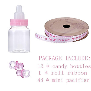 12 Pack Candy Bottles 10 Yards Ribbon and 48 Pack Acrylic Mini Pacifiers for Baby Shower Party Favors Decorations and Supplies by WeddParty (Pink A, 12)