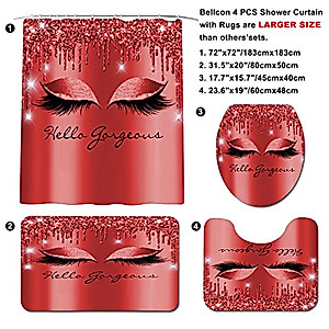 4Pcs Red Hello Gorgeous Shower Curtains Bathroom Sets with Rugs and Accessories for Women Bling Eyelash Modern Red Shower Curtains Sets with Soft Bath Mat and Toilet Seat Cover