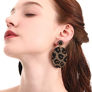 Women's Boho Handmade Beaded Drop Dangle Earrings Oval Leopard Bohemian Statement Jewelry (Gold)