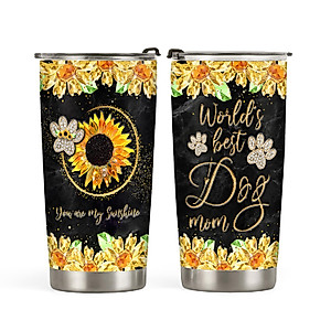 20oz Yellow Jewelry Crystal Sunflower Dog Mom Tumbler, World's Best Dog Mom, Gifts for Dogs Lovers, Coffee Thermos, Stainless Steel Double Wall Vacuum Insulated Coffee Mug, Travel Cup with Lid