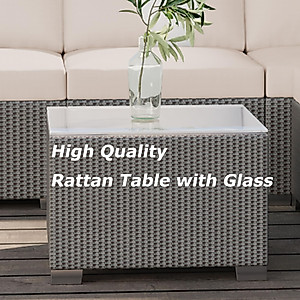 PioneerWorks 5-Piece Outdoor Patio Rattan Wicker Sofa Set, PE Rattan Conversation Sectional with Thickened Back Cushion, Glass Tabletop, Ottoman - Ideal for Courtyard Space, Beige