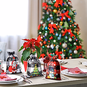 24 Pieces Gift Bags Christmas Buffalo Plaid Drawstring Bag Christmas Burlap Drawstring Bag Washable Cotton Xmas Bag for Candy Wrapper Christmas Party Favor (Bright Color, Snowman)