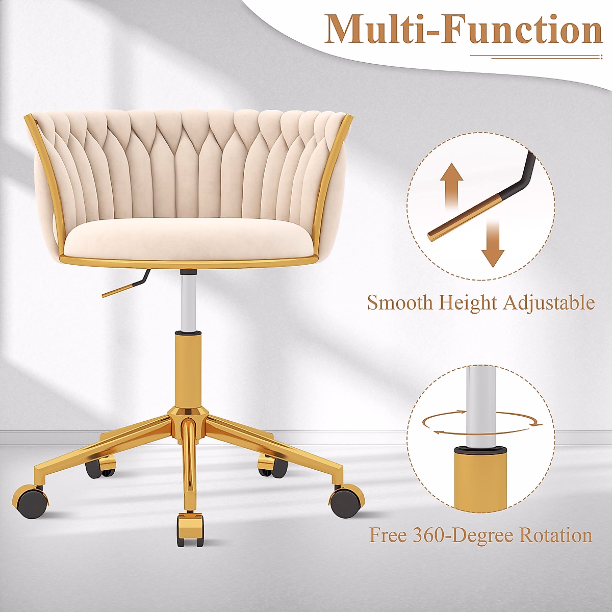 ABET Desk Chair with Wheels, Modern Velvet Office Chair for Desk, Hand Woven Vanity Makeup Chair for Girls Women Bedroom, 360° Swivel & Height Adjustable Gold Base Task Armchair, Beige