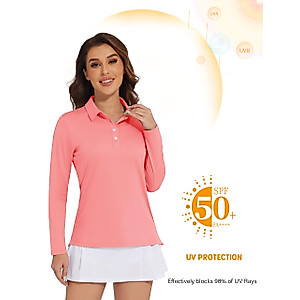 MAGCOMSEN Women's Fishing Polo Shirts Long Sleeve Collared UPF 50+ Quick Dry Performance Rashguard for Women Activewear Pink,M