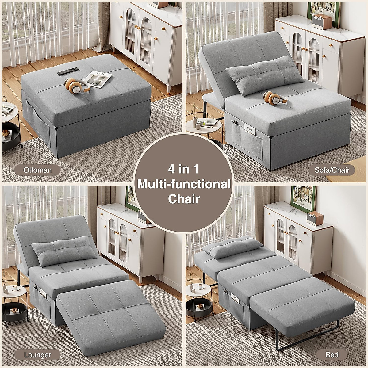 Aiho 4 in 1 Sofa Bed, Sleeper Chair Bed Convertible Chair, Assembly-Free Sofa Chair Bed with Adjustable Backrest Breathable Linen, for Living Room Apartment Office, Light Grey