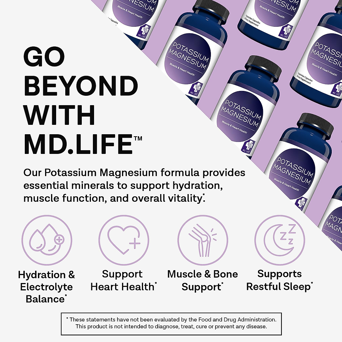 MD. Life Magnesium Potassium Supplement - 90 Capsules - High Absorption Magnesium Complex to Support Vascular Health & Leg Cramp 90cts
