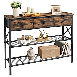 FAVOOSTY Narrow Console Table with 3 Fabric Drawers-39.8" Industrial Entryway Table with 3-Tier Storage Shelves, Thin Sofa Table for Living Room, Hallway, Entry Way, Foyer, Kitchen, Rustic Brown&Black