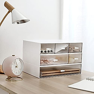 Vowcarol Desk Organizer Bathroom Organization Boxes, Desk Storage Box with 6 drawers, Plastic Makeup Organizer, Desktop Organizer for Office School Home (White)