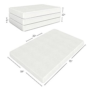 Tri Folding Mattress Topper, Memory Foam Tri-fold Mattress with Ultra Soft Bamboo Waterproof Washable Cover, Full Size (75"x54"x4")