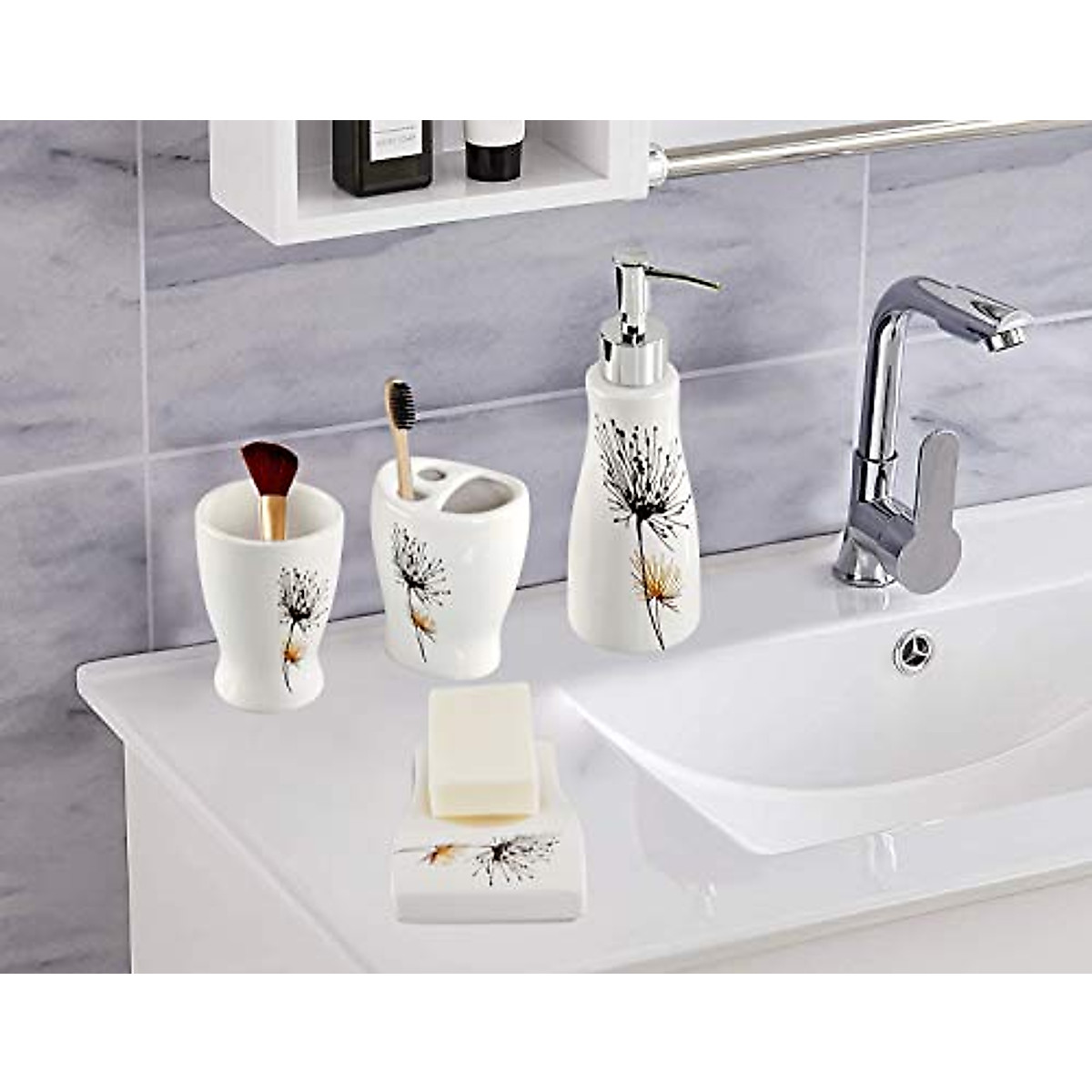 HOME-X Bathroom Accessory Set, 4-Piece Set with Soap Dish, Liquid Dispenser, Tumbler, and Toothbrush Holder, White with Flower Print