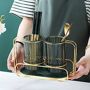 WORTHBUY Silverware Organizer Flatware Utensil Caddy Stainless Steel Kitchen Utensil Holder Cutlery Holder with DrainTray for Kitchen Countertop 2 Compartments(Gold)