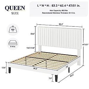 Allewie Queen Bed Frame, Velvet Upholstered Platform Bed with Adjustable Vertical Channel Tufted Headboard, Mattress Foundation with Strong Wooden Slats, Box Spring Optional, Easy Assembly, Off-White