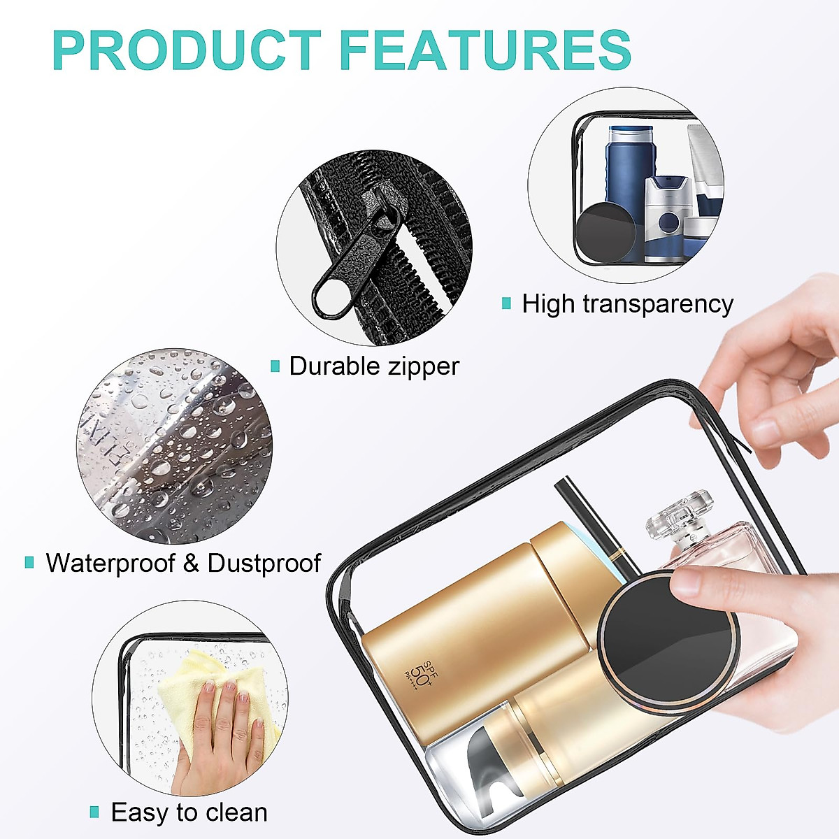 Carachanone 12 PCS Clear Travel Bag for Toiletry, Multipurpose Storage Transparent Cosmetic Bags Bulk for Women Men, Makeup Organizer TSA Approved Luggage Pouch - Black, Small