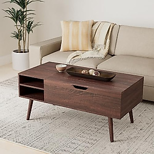 Best Choice Products Lift Top Coffee Table, Wooden Mid-Century Modern Multifunctional Accent Table for Living Room w/Hidden Storage, 2 Cubbies, Removable Shelf - Walnut