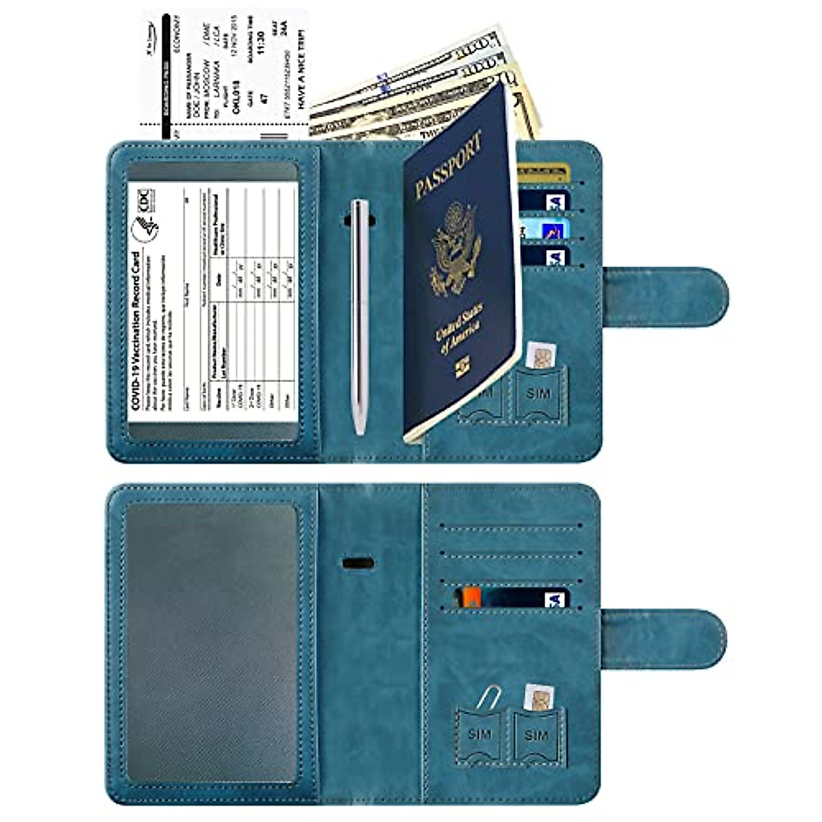 Passport Holder Cover Wallet Case Travel Essentials Passport and Vaccine Card Holder Combo Leather Travel Wallet Rfid Blocking Vacation Must Haves Travel Accessories for Men Women (2#Blue)