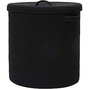 Cotton Rope Storage Basket with Lid | Large Woven Baskets and Handles 15" x 13" | for Nursery, Laundry, Black Round Hamper, Home Living Room Floor, Toy Organizing bins, Blanket, Pillow and Big