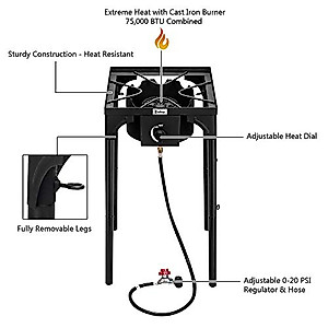 Single Propane Burner Outdoor Camp Gas Stove, High Pressure Propane Gas Cooker, Portable Cast Iron Patio Cooking Brewing Burner Detachable Legs Great for Camping, Patio, or RV