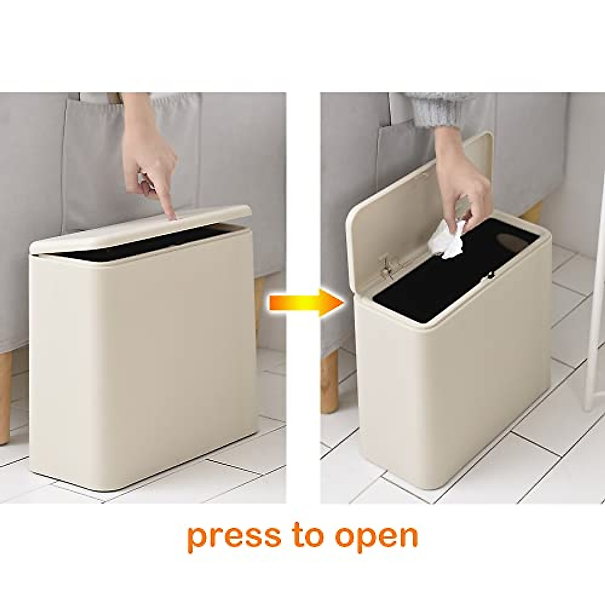 CWLL Modern Wastebasket Thin Trash Can,Small Rectangular Dog Proof Plastic Trash Bin,3.2 Gallon/12 Liter Slim Plastic Trash Can Wastebasket with Press Type Lid, Beige