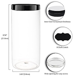 BPFY 6 Pack 50 oz Clear Plastic Jars with Black Lids, Chalk Labels, Pen, Plastic Food Storage Jars, Wide Mouth Kitchen Canisters for Dry Goods, Nuts, Cookie