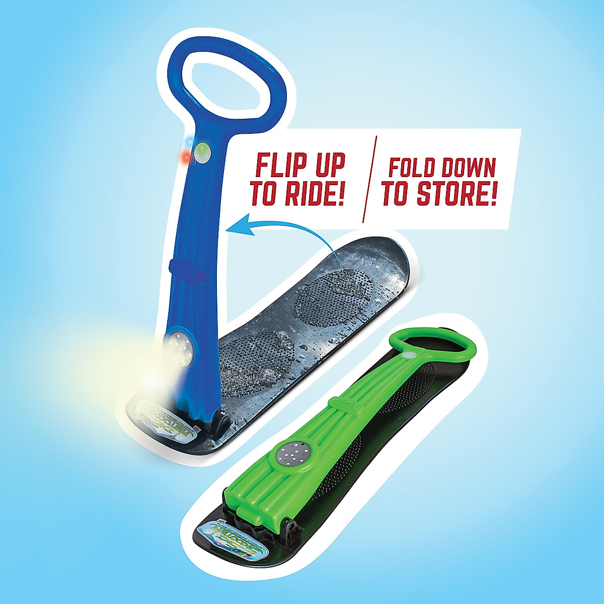 Geospace Twin LED Illuminator SKI Skooter Sled with 2 LED Lights for Safe Winter Fun - Fold-up Portable Snowboard Kick Scooter for Use on Snow or Kids 6 & Up,Teens & Adults (Red, Blue or Green)