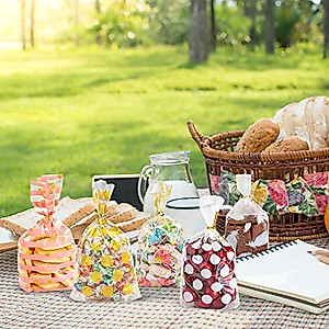 150 Pcs 5 in x 9 in Mixed 5 Printed Flat Cello Cellophane Treat Bags for Bakery Cookies Sweets Snacks Candies Dessert 30 Pcs for Each Color 200 Gold Twist Ties