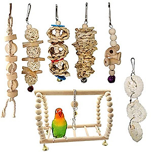 N / A 7/8 pcs Bird Toys, Parrot Natural Wood Hanging Swing Standing Climbing Chewing Perch Hammock Rope Ladder Bell Bird Cage Toys for Parrots, Love Birds, Parakeet, Mynah, Conure, Cockatiel