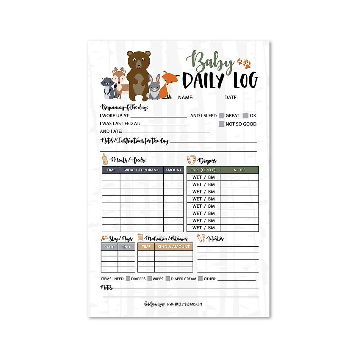 Nanny Newborn Baby or Toddler Log Tracker Journal Book, Daily Schedule Feeding Food Sleep Naps Activity Diaper Change Monitor Notes, Essential Supplies for Daycare, Babysitter, Caregiver, 50 Sheet Pad