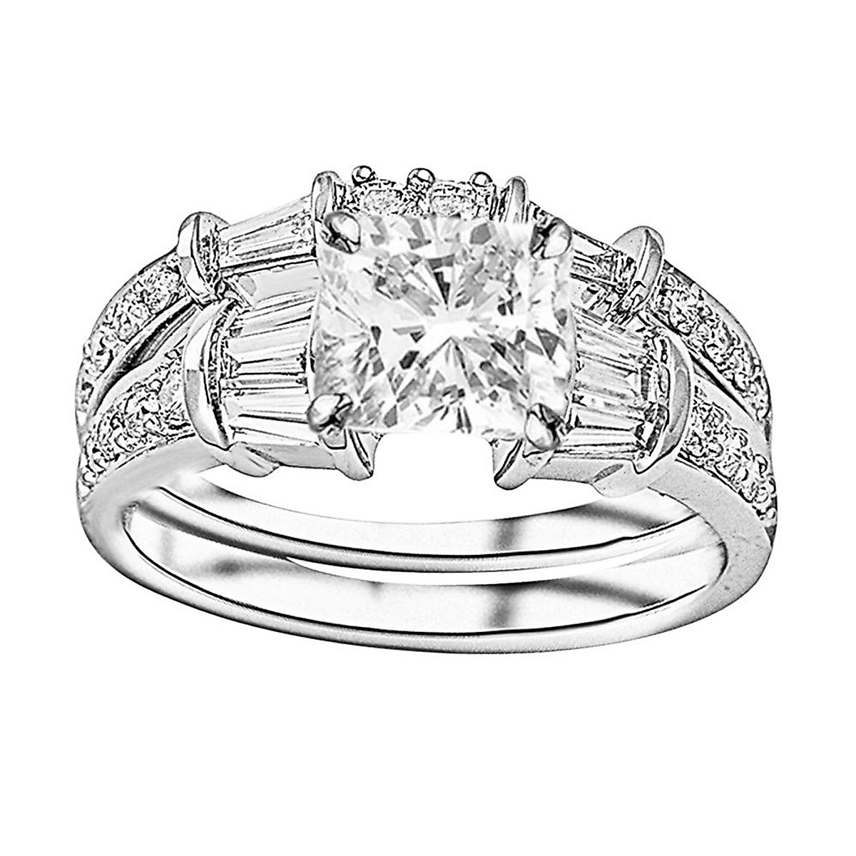 2.75 Ctw Cushion Cut Baguette Round 14K White Gold Diamond Engagement Ring Wedding Bridal Band Set (H-I Color I1-I2 Clarity 2 Ct Center)