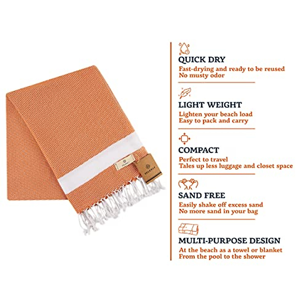 Selenly Turkish Beach Towel, 100% Cotton Pre-Washed Quick Dry 37x71 Inches Peshtemal Bath Towel for Beach, Bathroom, Pool, SPA, Gym, Yoga - Soft and Absorbent Beach Blanket (Orange)