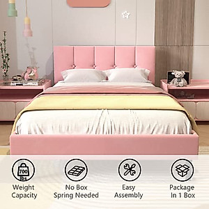 Lijimei Fabric Upholstered Twin Platform Bed Frame,Modern Upholstered Platform Bed with Headboard, Heavy Duty Bed Frame with Wood Slat Support, No Box Spring Required, Easy Assembly,Pink