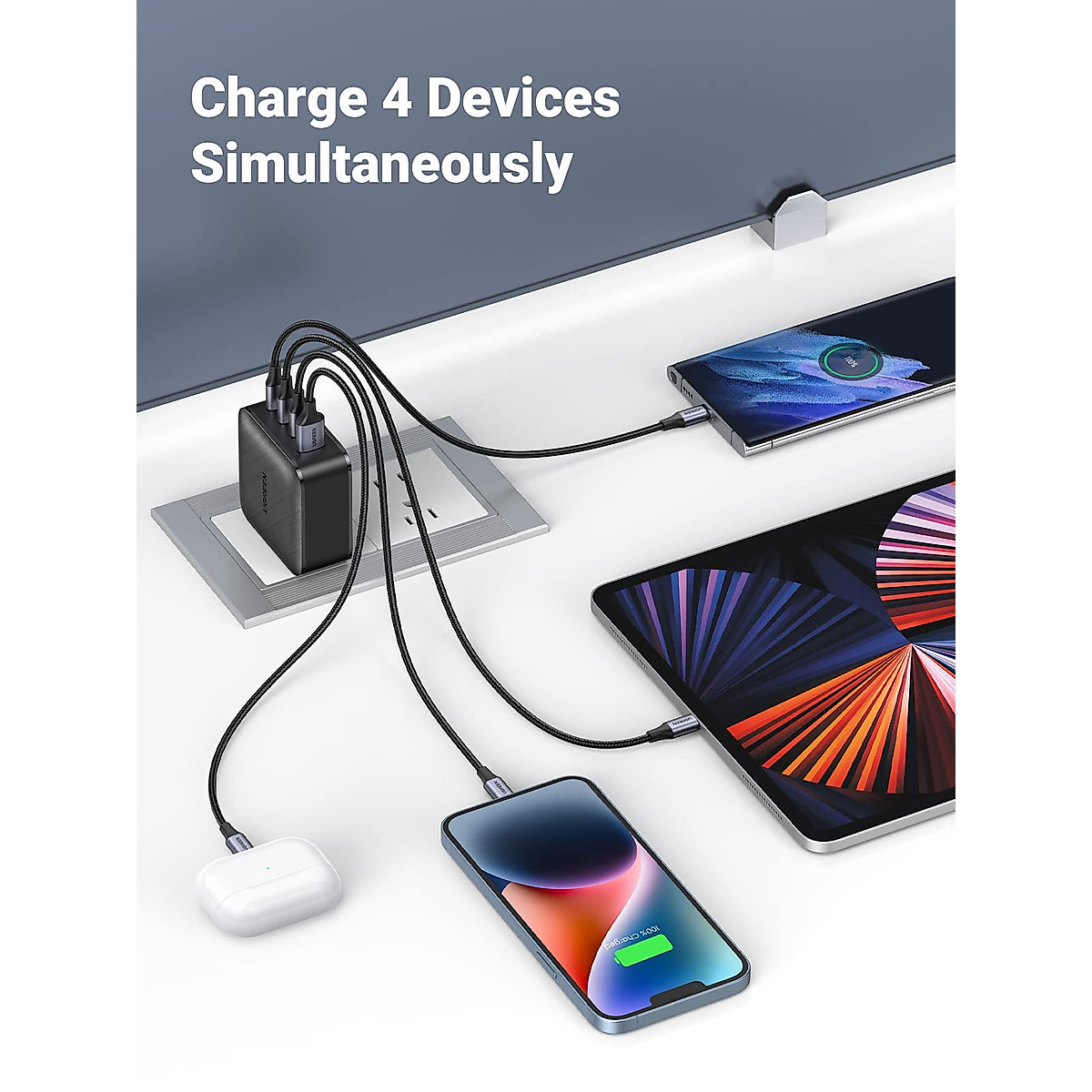 UGREEN 65W USB C Charger 4 Ports USB C Power Adapter GaN PD Fast Wall Charger Compatible with MacBook Pro/Air M2, Dell XPS 13, iPad Pro/Air, iPhone 15 Pro Max/14, Galaxy S23, Steam Deck, and More