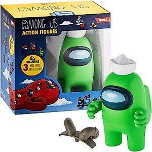 P.M.I. Among Us Action Figure | One of Four 6.7-Inch-Tall Collectibles | Among Us Toys and Playable Mini Toys | Green Crewmate in The White Folded Paper Hat with Hidden Hat and Hands | Kids’ Toys