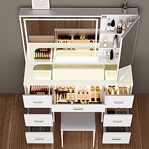 Wildhome Vanity Desk with with Mirror and Lights,Makeup Vanity with Glass Top and 7 Drawers&Cushioned Stool,Dressing Table with Drawers, Bedroom Vanity Desk for Women (White-Glass top)