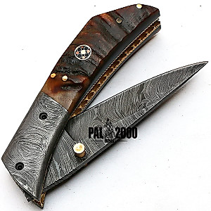 PAL 2000 HUNTING KNIVES Mmgn-8837 - Damascus Folding Knife - Handmade Damascus Steel - Damascus Pocket Knife - Ram Horn Handle, Black, Brown and Gray,