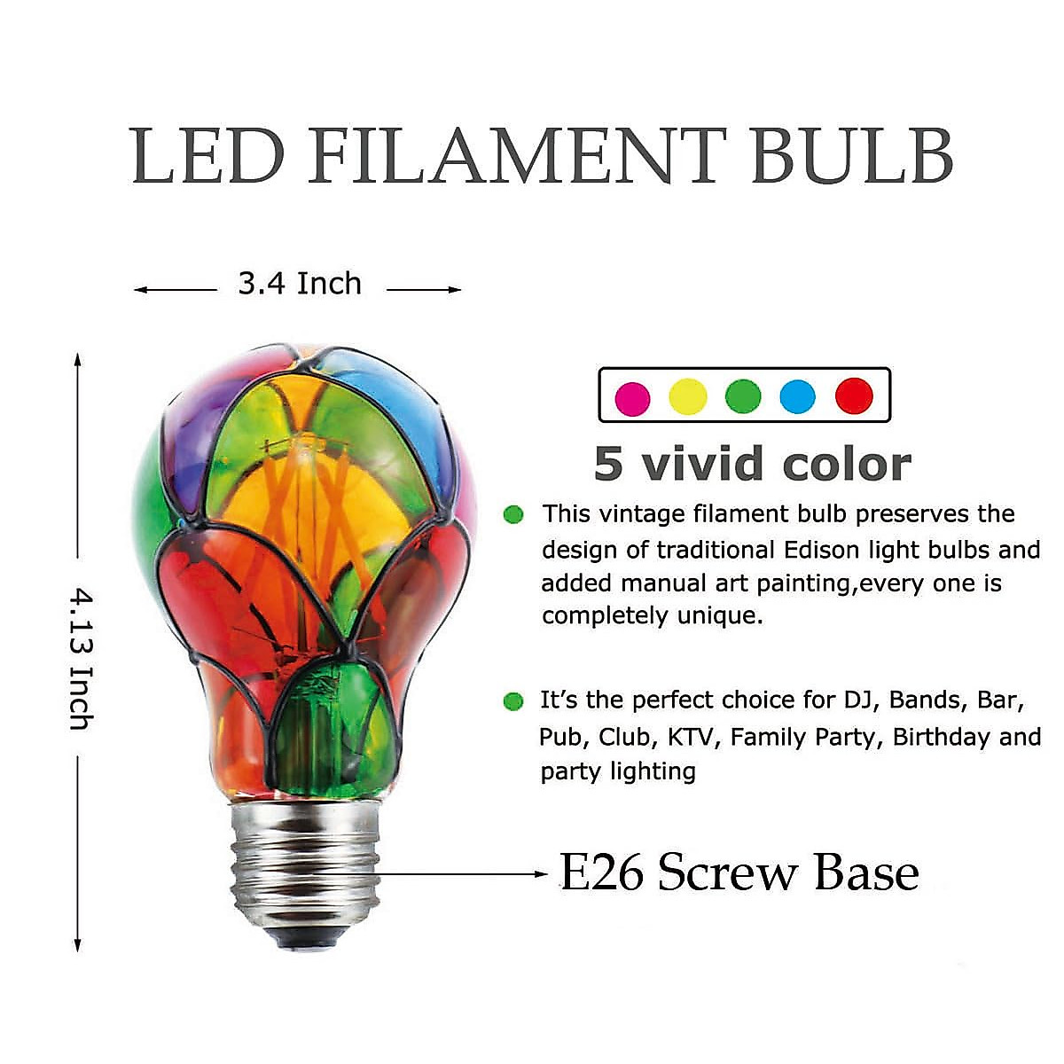 Greeogin Dimmable Stained Glass LED Light Bulb Led Color Bulb,E26 Base 4 Watts A19/A60 LED Light Bulbs,for Party Light,Festive Atmosphere,Home Lighting,Bedside Lamp,2 Pack