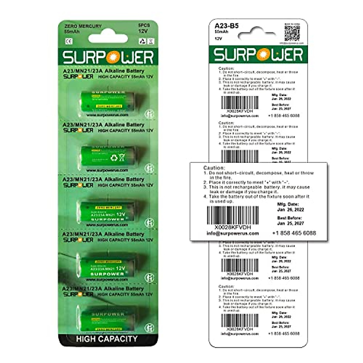 【5-Year Warranty】SURPOWER A23 23A 23AE 12v Alkaline Battery A23s -5 Pack
