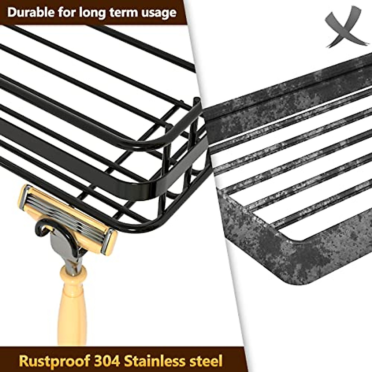 Roseyat Corner Shower Caddy Shelf Basket for Shampoo Stainless Steel, Adhesive Shower Shelf Storage Organizer, No Drilling Shower Shelves For Inside Shower Rack Holder with Hooks-2 Pack Black