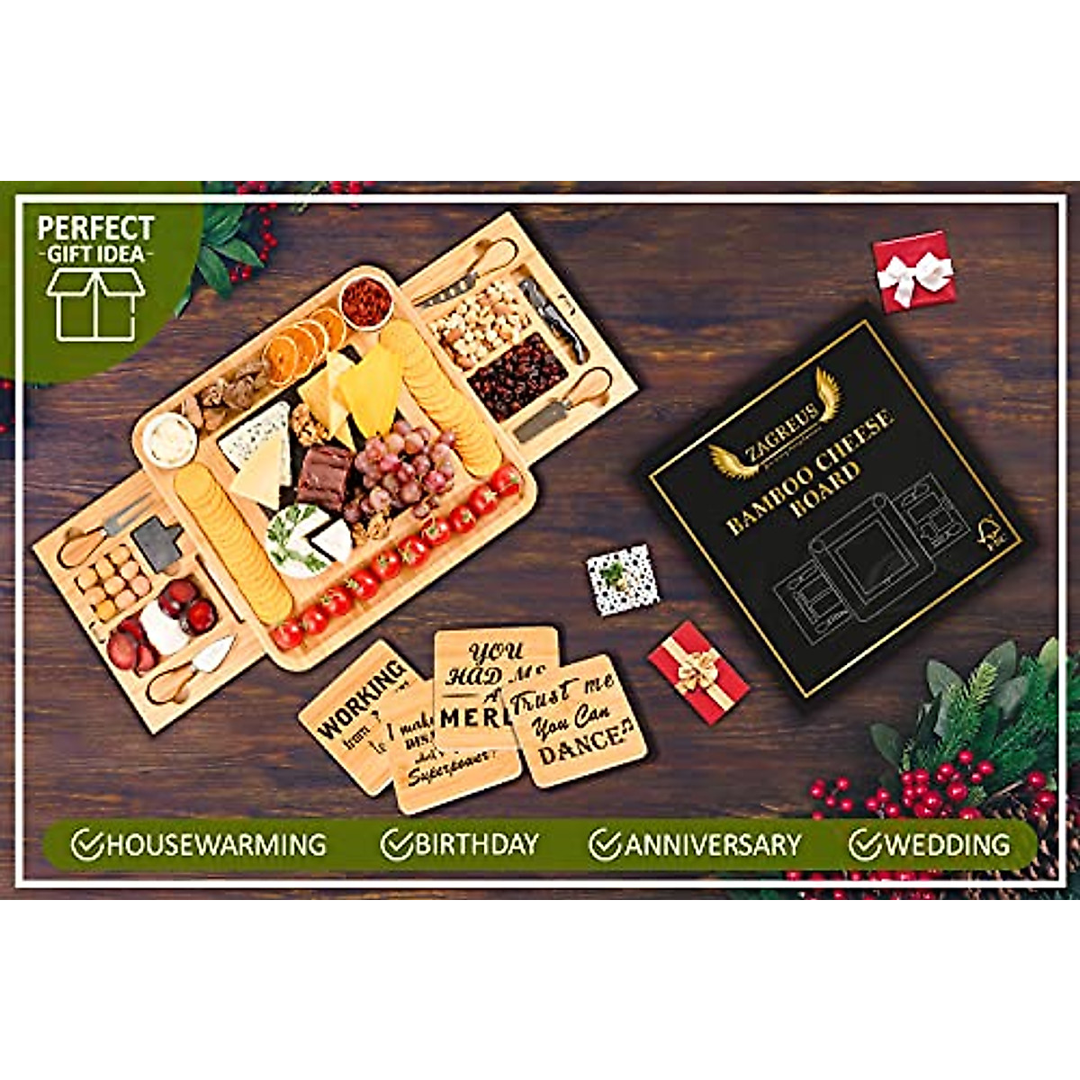 ZAGREUS Bamboo Cheese Board and Knife Set- 21 Pcs Charcuterie Accessories- Cheese Boards Charcuterie Boards- FSC Certified Extra Large Charcuterie Board Set- Wedding Bridal Shower Gifts, Home Gifts