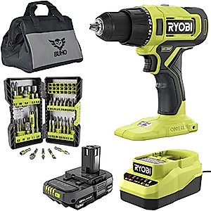 Ryobi Cordless 1/2 inch Drill Driver with 70 Piece Drill Bit Set, 18-Volt Lithium-ion Battery, Charger and Buho Tool Bag