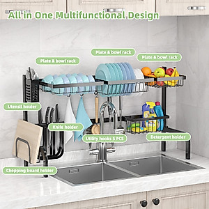 PETSITE Over Sink Dish Drying Rack, 21"-39" Length Adjustable, 2-Tier Dish Drainer for Kitchen Counter Storage, with 4 Baskets and 8 Hooks, Cutting Board & Utensil & Knife Holder, Above Sink Dish Rack
