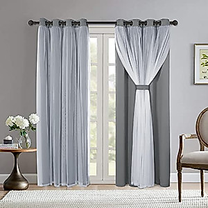 BONZER White Sheer Tulle Overlay Blackout Curtains Grommet Top Mix and Match Curtains for Living Room, Cloud Grey, 52x84 Inch, Set of 2 Panels
