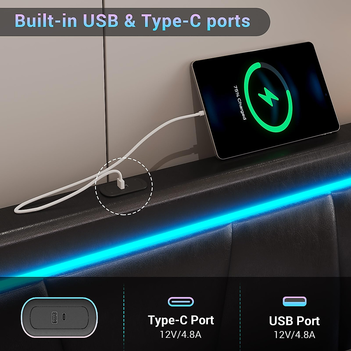 Hasuit California King Bed Frame with 4 Storage Drawers, LED Light Platform Bed Cal King Size with Charging Station, Black Artificial Leather Upholstered Headboard, No Spring Needed, Noise Free