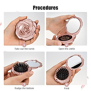 Travel Folding Hair Brush, Roses Mini Pocket Mirror Brush Easy to Carry for Small Spaces Nylon Brush/Comb/HairBrush for Women Men's Any Hairstyles Hair and Beards Wet Dry Hair Restore Shine