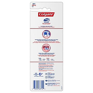 Colgate 360 Whole Mouth Toothbrush, Adult Soft Toothbrush With Tapered Bristles, Features Tongue Cleaner and Ergonomic Handle, Helps Whiten Teeth and Removes Bacteria, 4 Pack